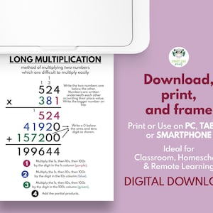 LONG MULTIPLICATION Poster, Educational Poster for Kids, Rainbow Colors ...