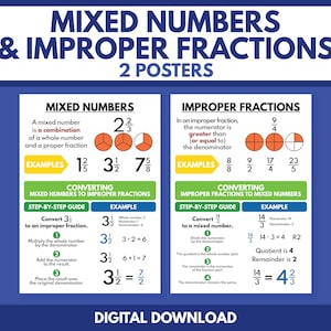 FRACTIONS Mixed Numbers and Improper Fractions Set of 2 Posters ...