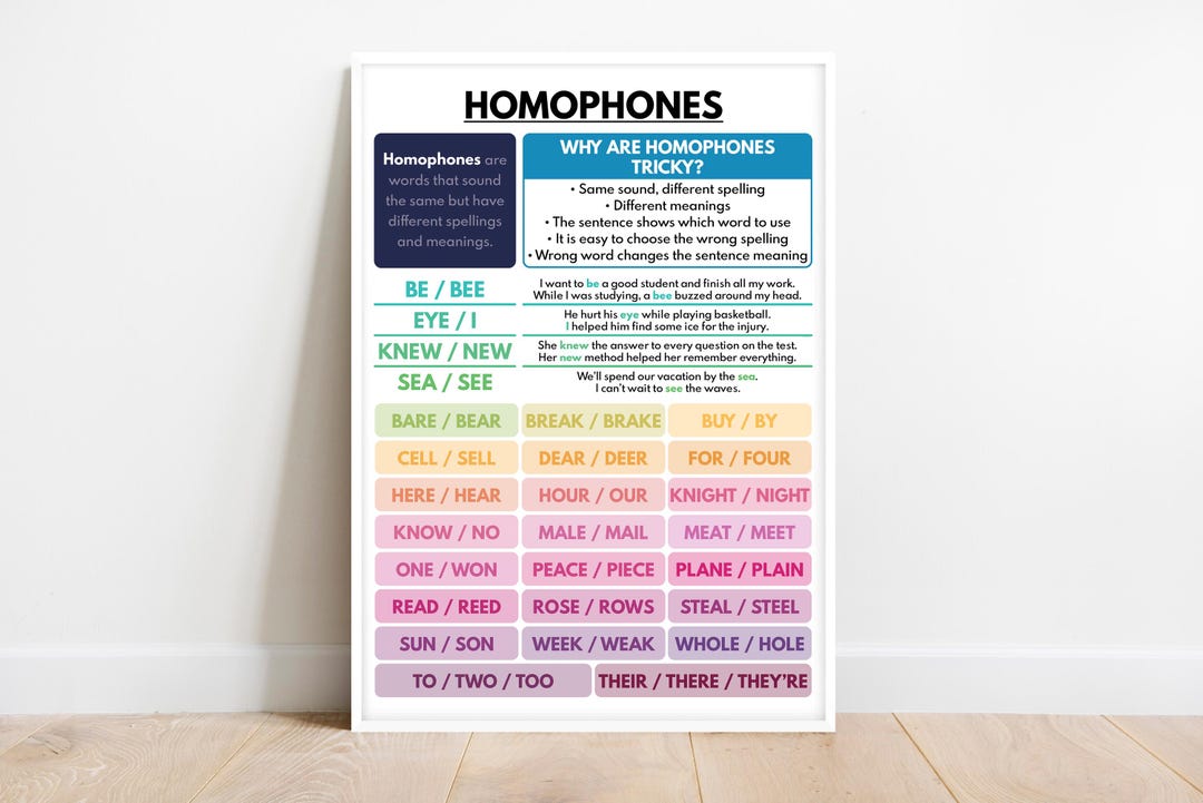 HOMOPHONES POSTER, English Language, Grammar Chart, Correct Spelling ...