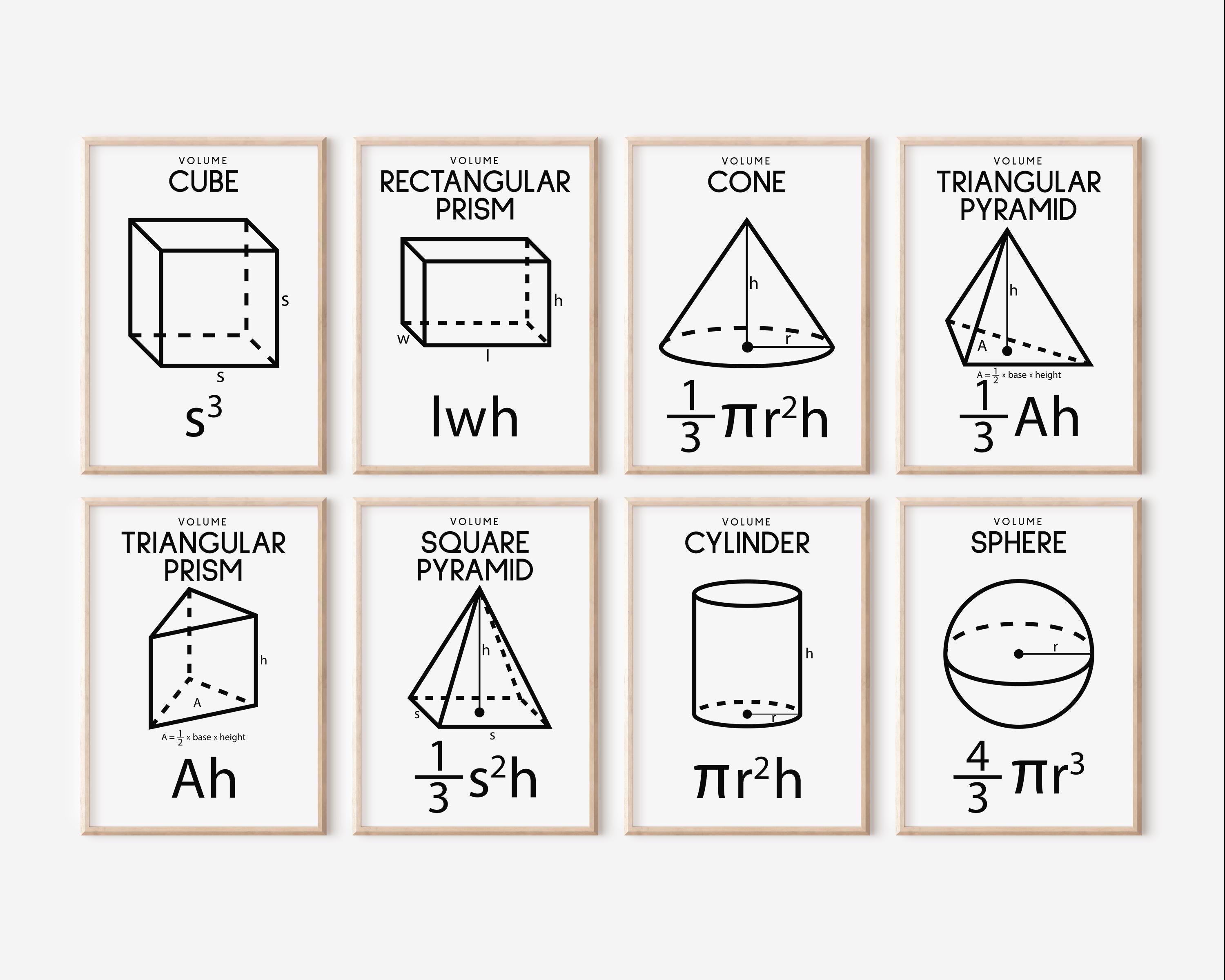 VOLUME FORMULAS Set of 8 Posters, 3D Geometry, 3D Shapes, Educational ...