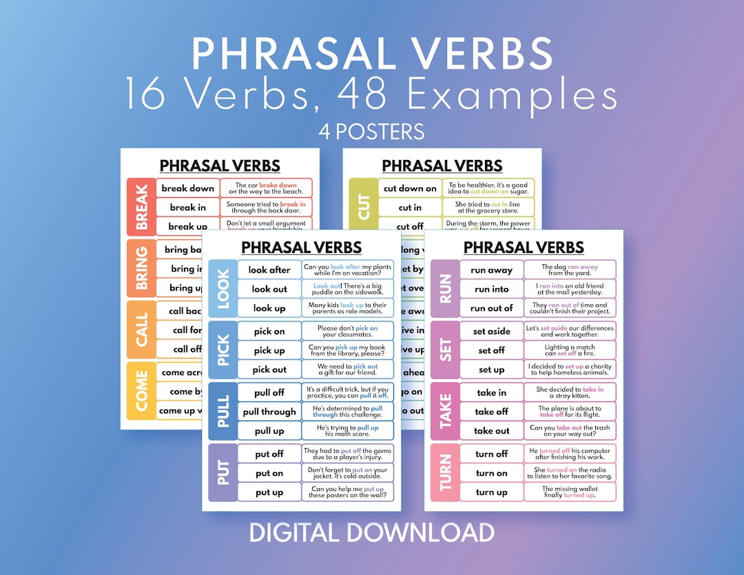 PHRASAL VERBS - Set of 4 Posters, 16 Verbs, English Vocabulary, Grammar ...