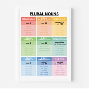 PLURAL NOUNS POSTER, Grammar Rules Chart for Homeschool, Classroom Wall ...