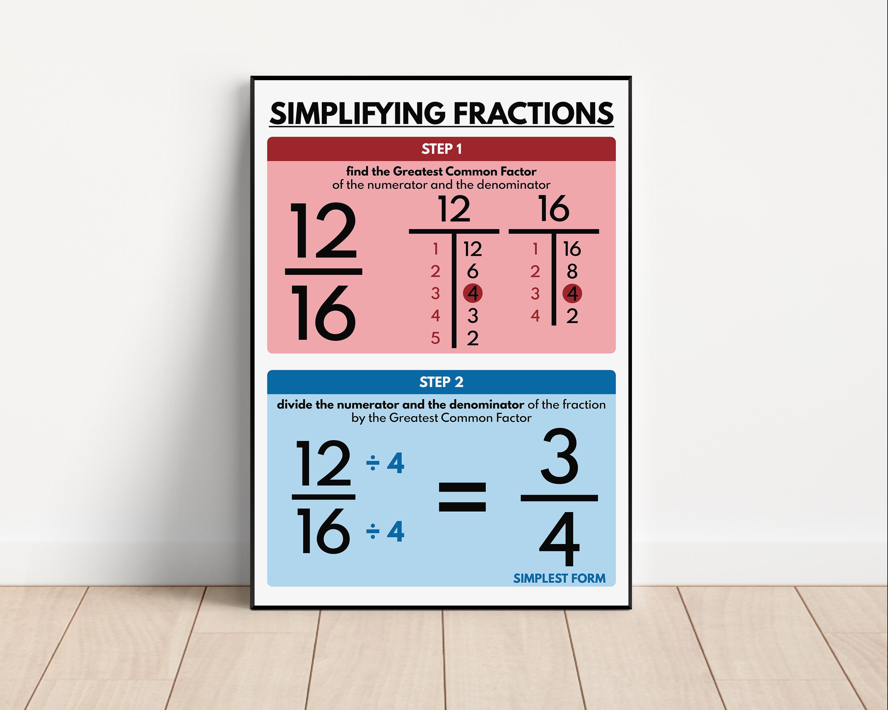 REDUCING FRACTIONS POSTER, Simplifying Fractions, Educational Posters ...