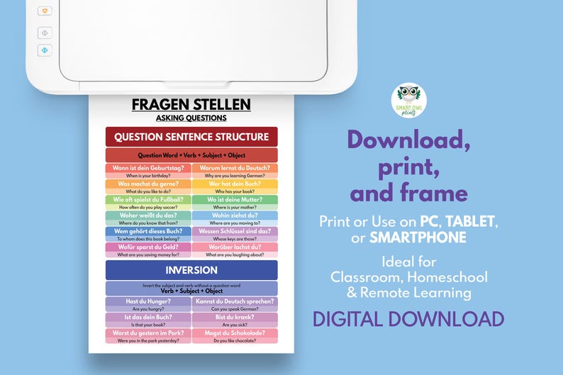 German Language, ASKING QUESTIONS POSTER, W-fragen, Questions Words ...