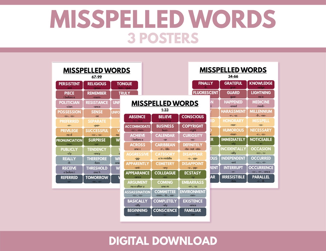 99 MOST MISSPELLED WORDS Poster - Set of 3 Posters, English English ...