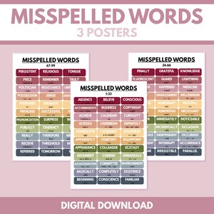 99 MOST MISSPELLED WORDS Poster - Set of 3 Posters, English English ...