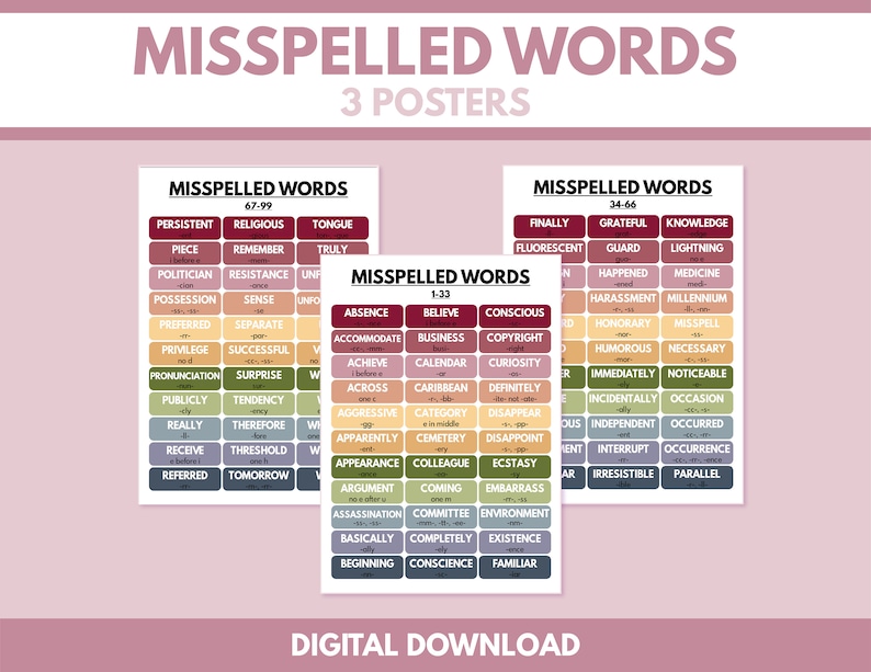99 MOST MISSPELLED WORDS Poster - Set of 3 Posters, English English ...
