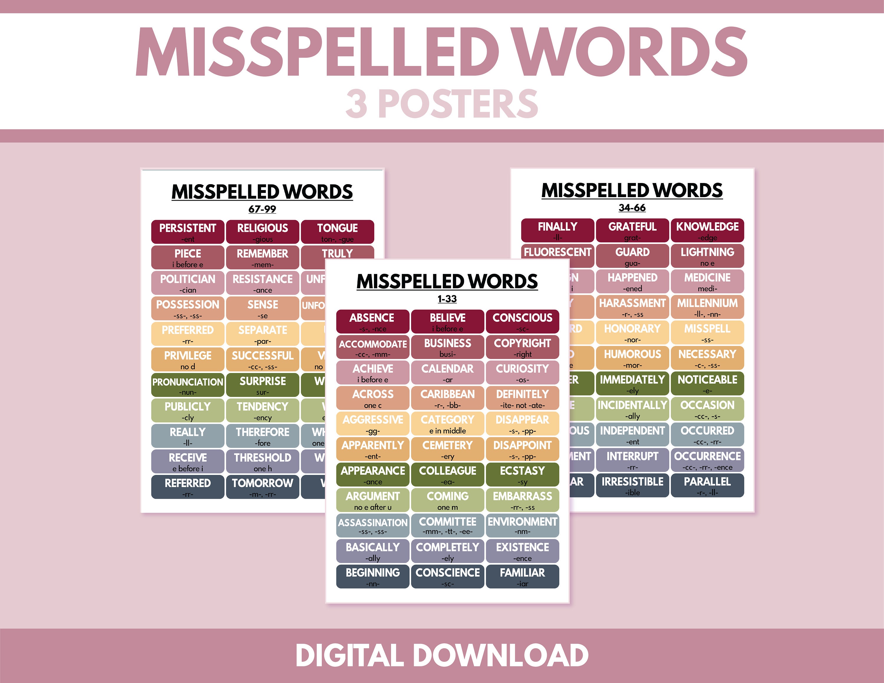 99 MOST MISSPELLED WORDS Poster Set of 3 Posters, English English ...