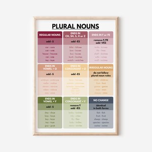 PLURAL NOUNS POSTER, Grammar Rules Chart for Homeschool, Classroom Wall ...