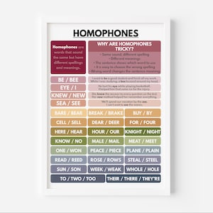 HOMOPHONES POSTER, English Language, Grammar Chart, Correct Spelling ...