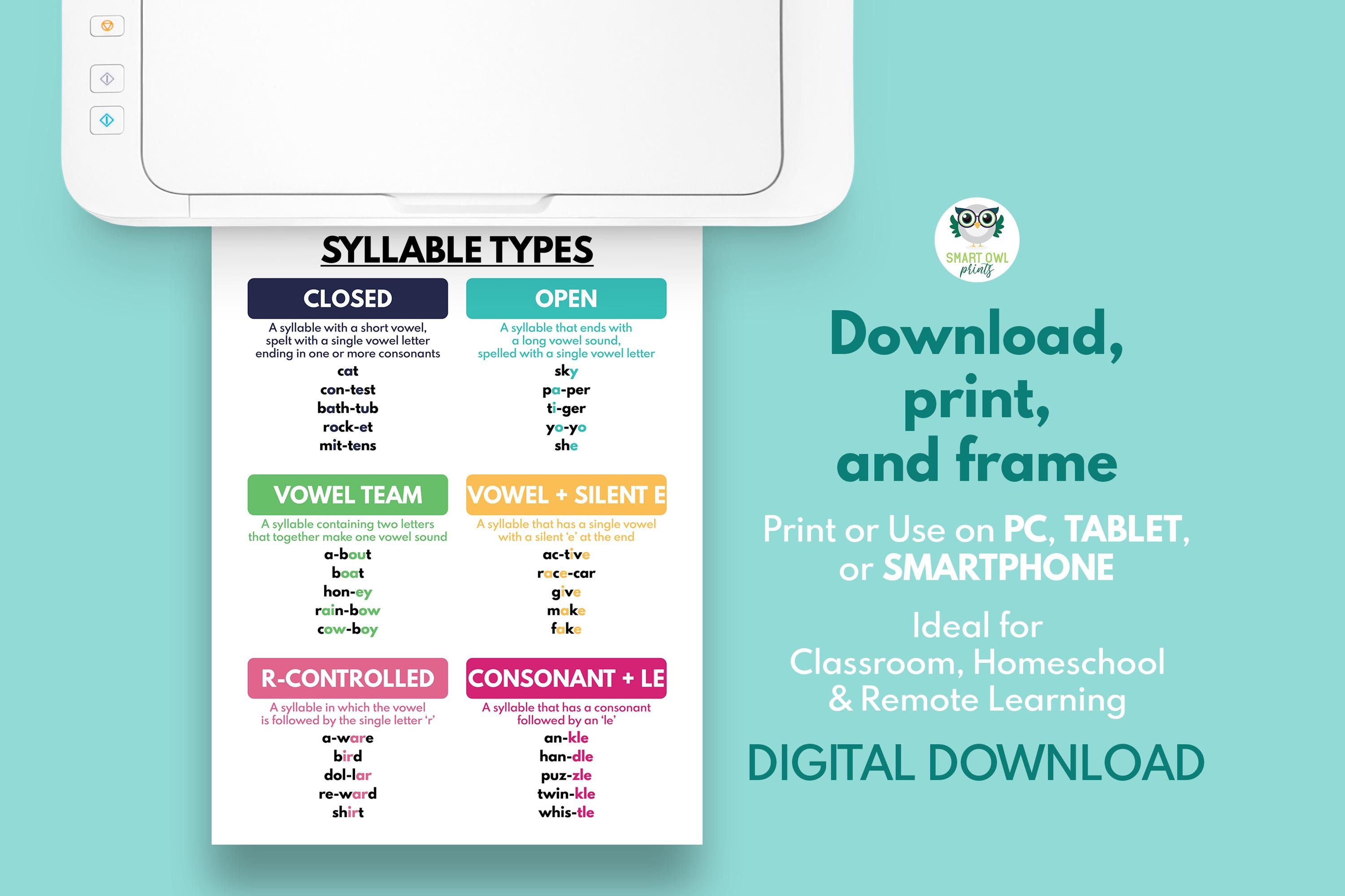 Comprehensive SYLLABLE TYPES POSTER, English Grammar Chart, Homeschool ...