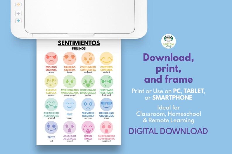 Spanish Language, FEELINGS - SENTIMENTOS Poster, Basic Spanish ...