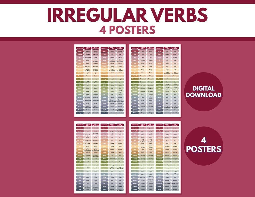 168 IRREGULAR VERBS - Set of 4 Posters, English Language, Homeschool ...