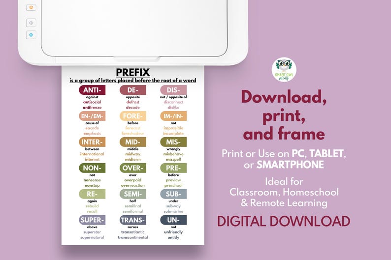 PREFIX and SUFFIX Poster, English Grammar Chart for Homeschool, English ...