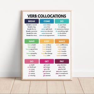 VERB COLLOCATIONS, Grammar Chart for Homeschool, Classroom Poster ...