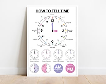 Time Clock Educational Poster, Time Teaching Aid, Nursery, Kids Bedroom ...
