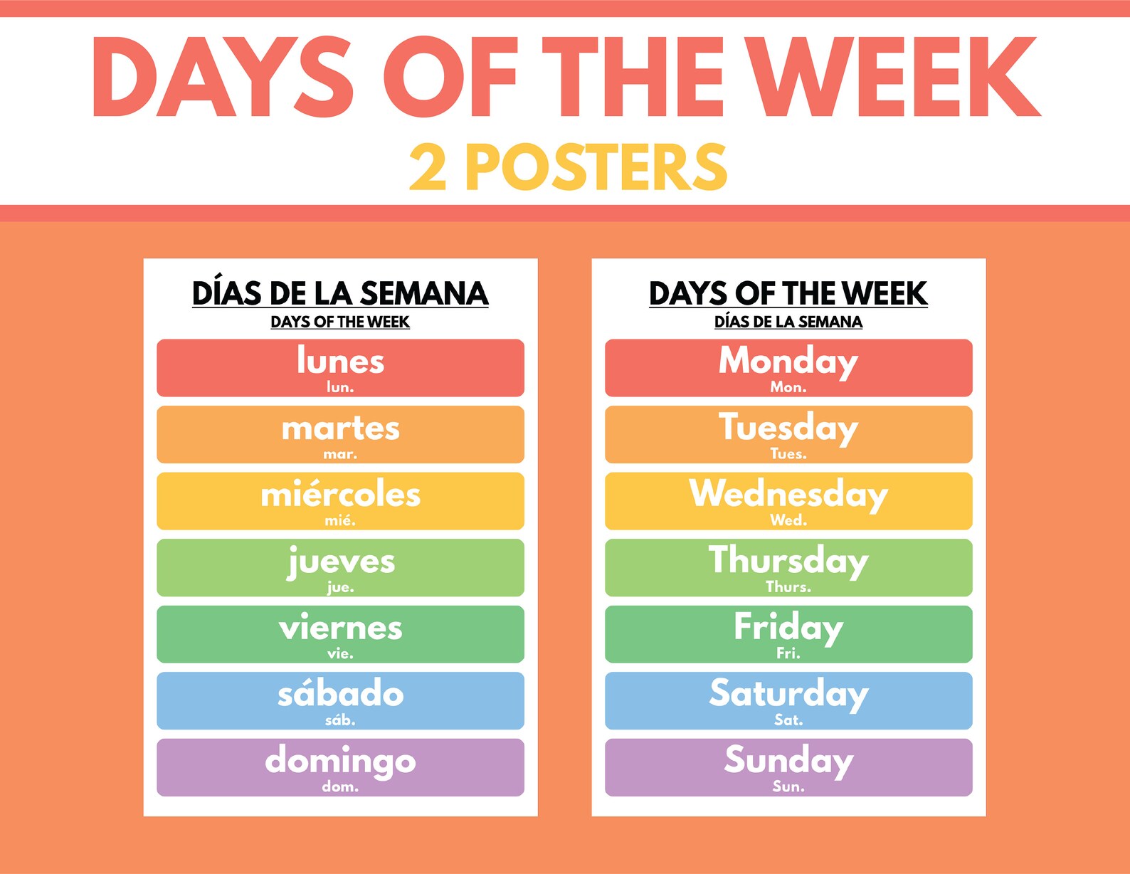 Spanish Language DAYS of THE WEEK in Spanish 2 Posters - Etsy