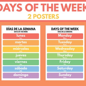 Spanish Language DAYS of THE WEEK in Spanish 2 Posters - Etsy