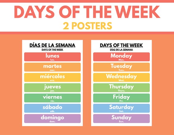 Spanish Language DAYS of THE WEEK in Spanish 2 Posters - Etsy