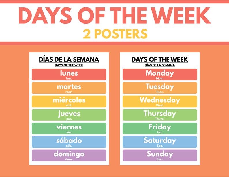 Spanish Language DAYS of THE WEEK in Spanish 2 Posters - Etsy