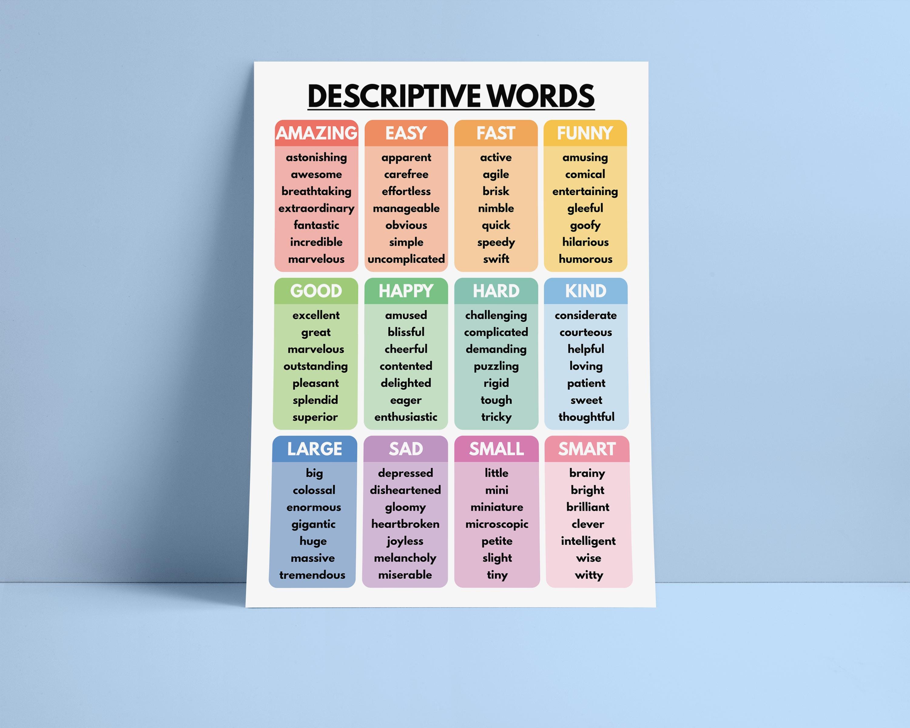 DESCRIPTIVE WORDS POSTER, Grammar Chart for Homeschool, English ...