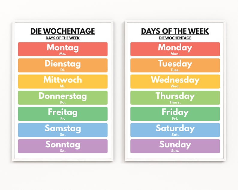 German Language, DAYS of THE WEEK in German, 2 Posters Set, German ...