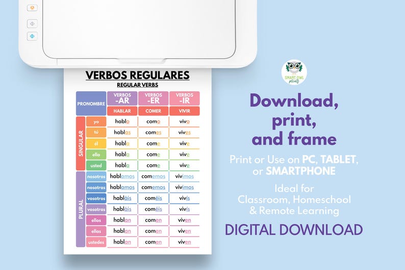 Spanish Language, REGULAR VERBS, Verb Conjugation, Grammar Chart ...