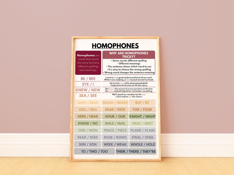 HOMOPHONES POSTER, English Language, Grammar Chart, Correct Spelling ...