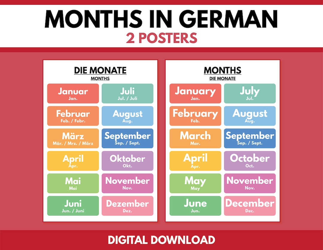 German Language, MONTHS of THE YEAR in German, 2 Posters Set, German ...