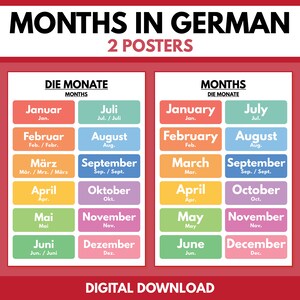 German Language, MONTHS of THE YEAR in German, 2 Posters Set, German ...
