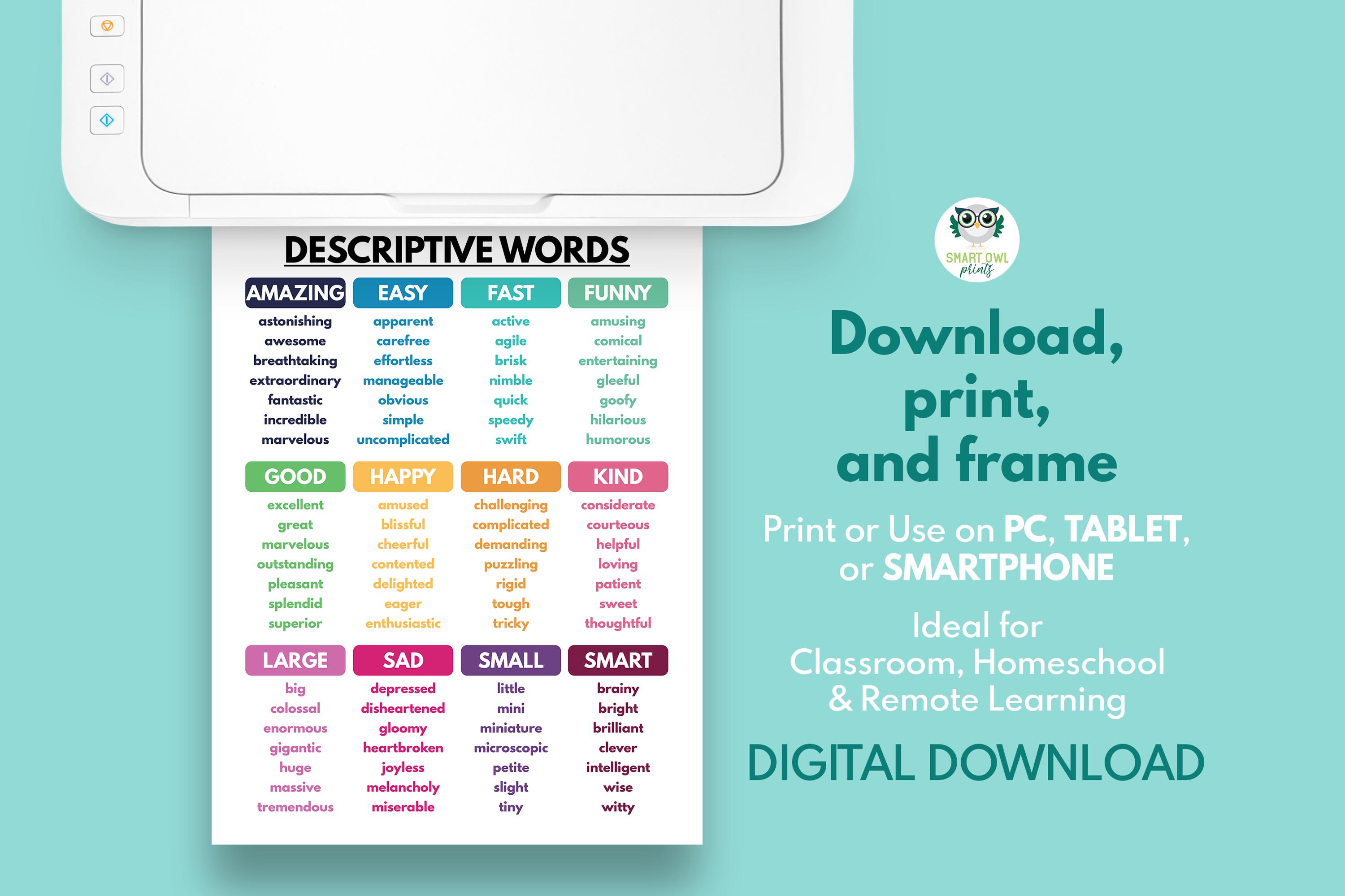 DESCRIPTIVE WORDS POSTER, English Language, Reference Guide ...
