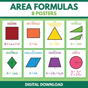 AREA FORMULAS POSTERS, Set of 8 Posters, Geometry, Educational Poster ...