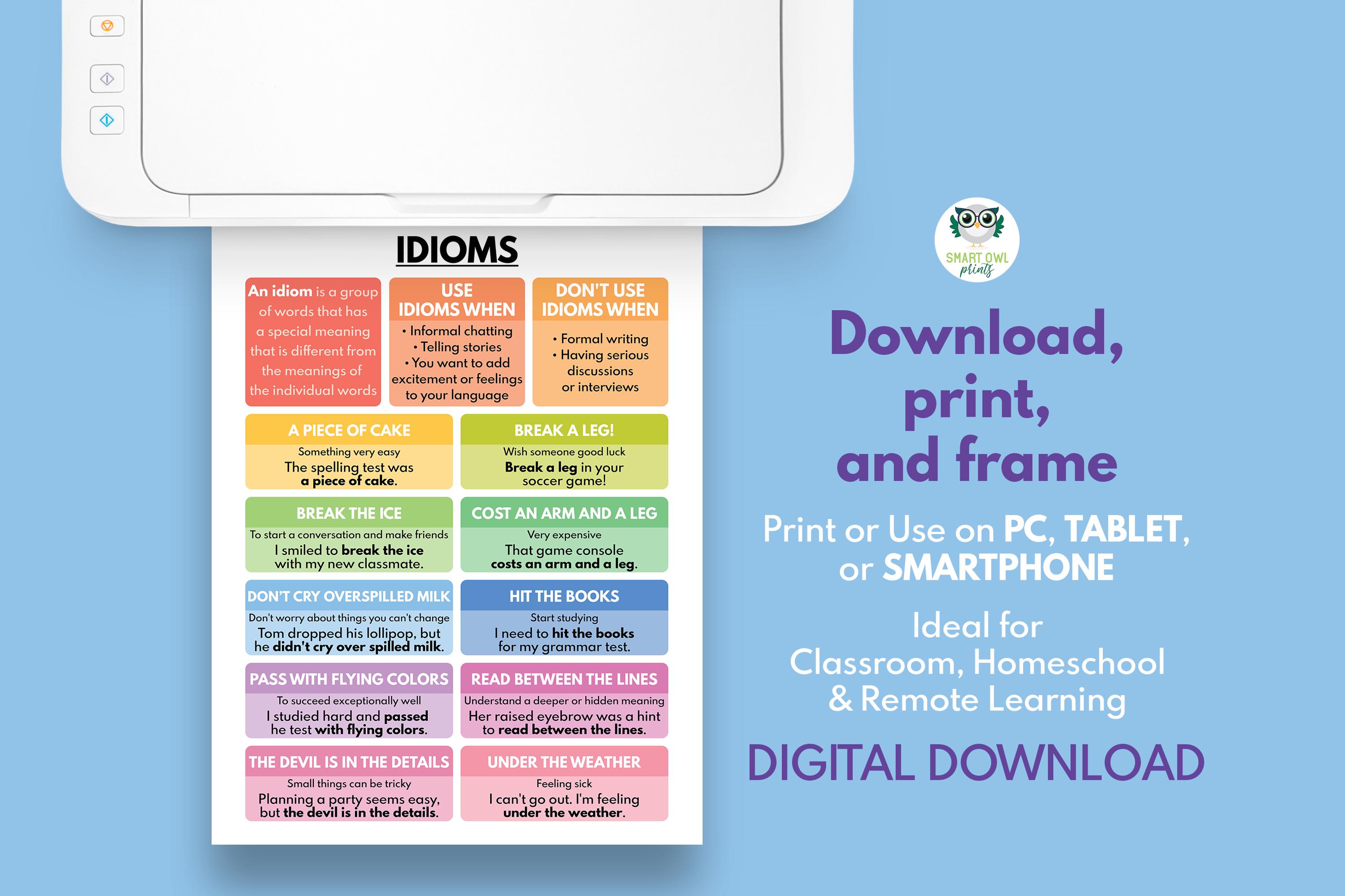 IDIOMS POSTER, English Language, Learn English, Homeschool, English ...
