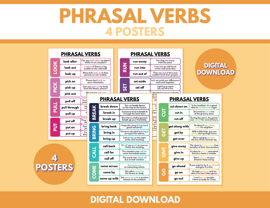 PHRASAL VERBS Set of 4 Posters, Learn English Vocabulary, Grammar Chart ...