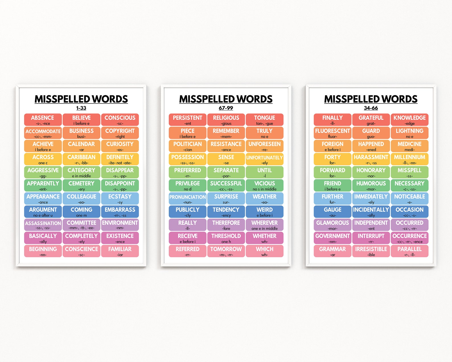 99 MOST MISSPELLED WORDS Set of 3 Posters Learn English - Etsy