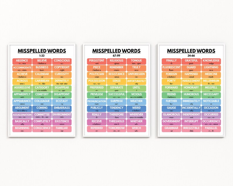 99 MOST MISSPELLED WORDS Set of 3 Posters Learn English - Etsy