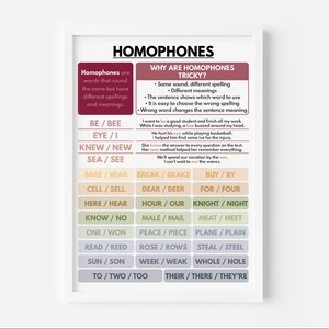 HOMOPHONES POSTER, English Language, Grammar Chart, Correct Spelling ...