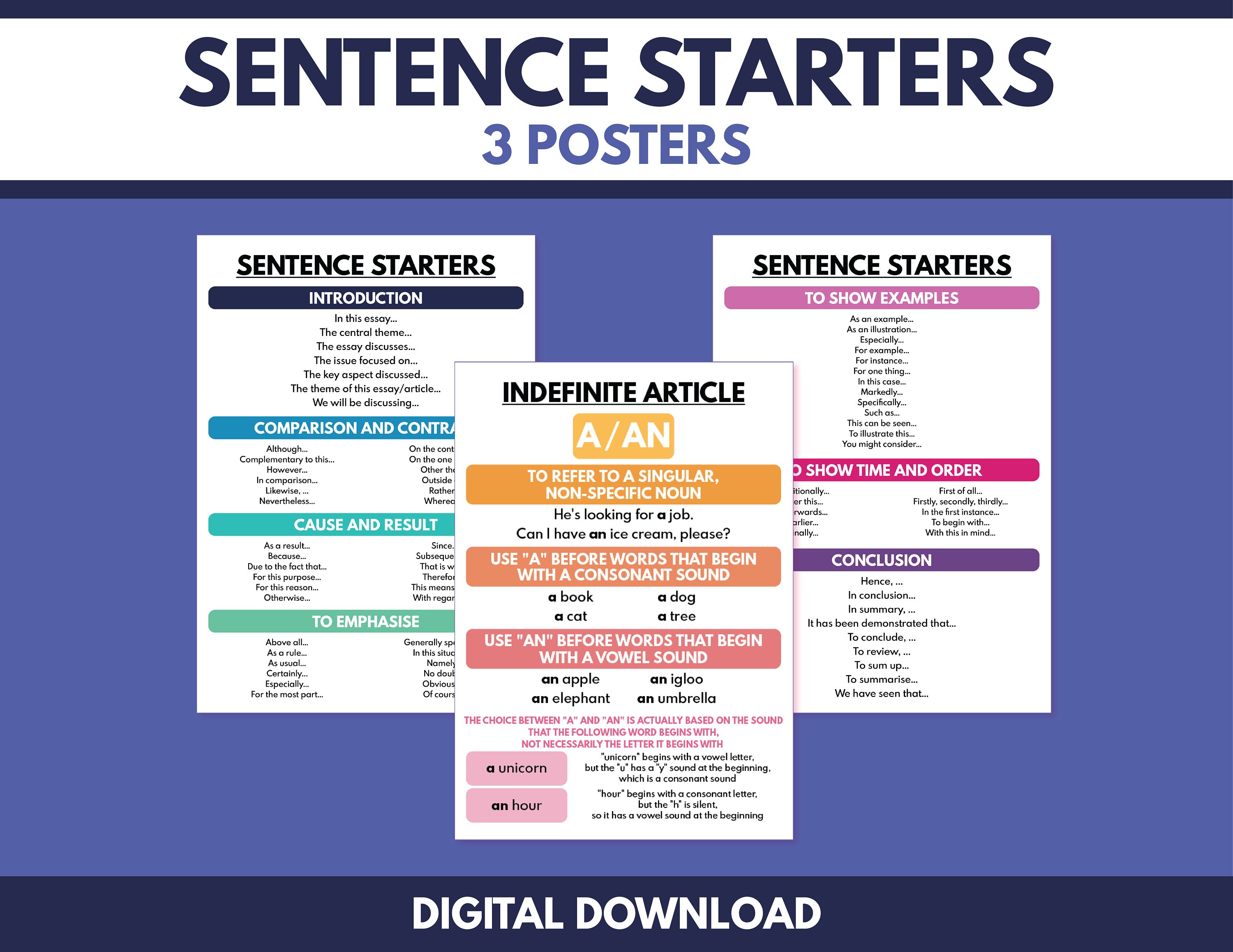 SENTENCE STARTERS Set of 3 Posters, Writing an Essay, Homeschool ...