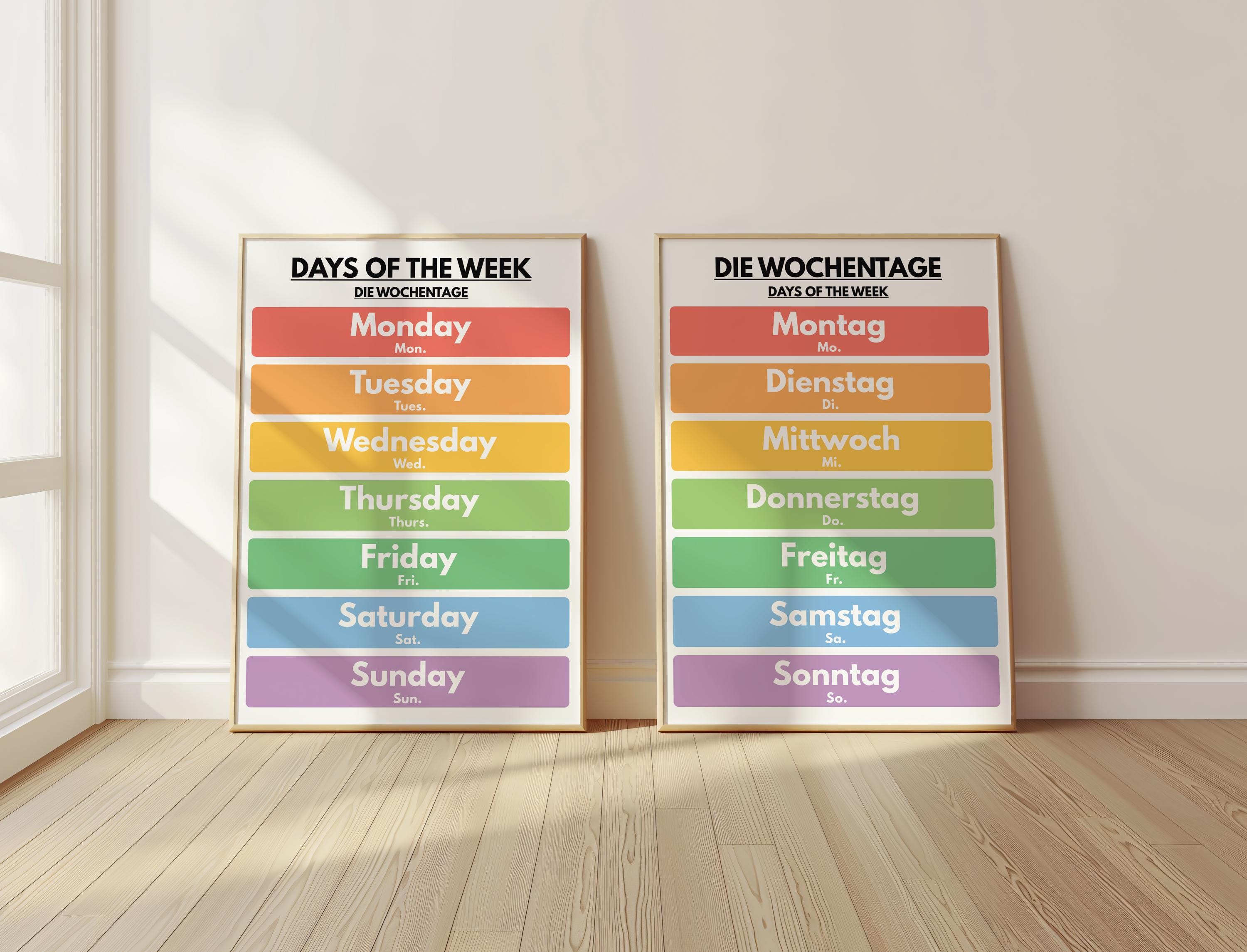 German Language, DAYS of THE WEEK in German, 2 Posters Set, German ...