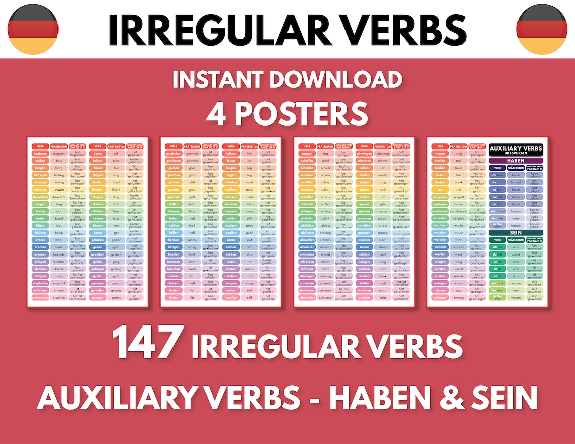 German Language, IRREGULAR VERBS Auxiliary Verbs Set of 4 Posters ...