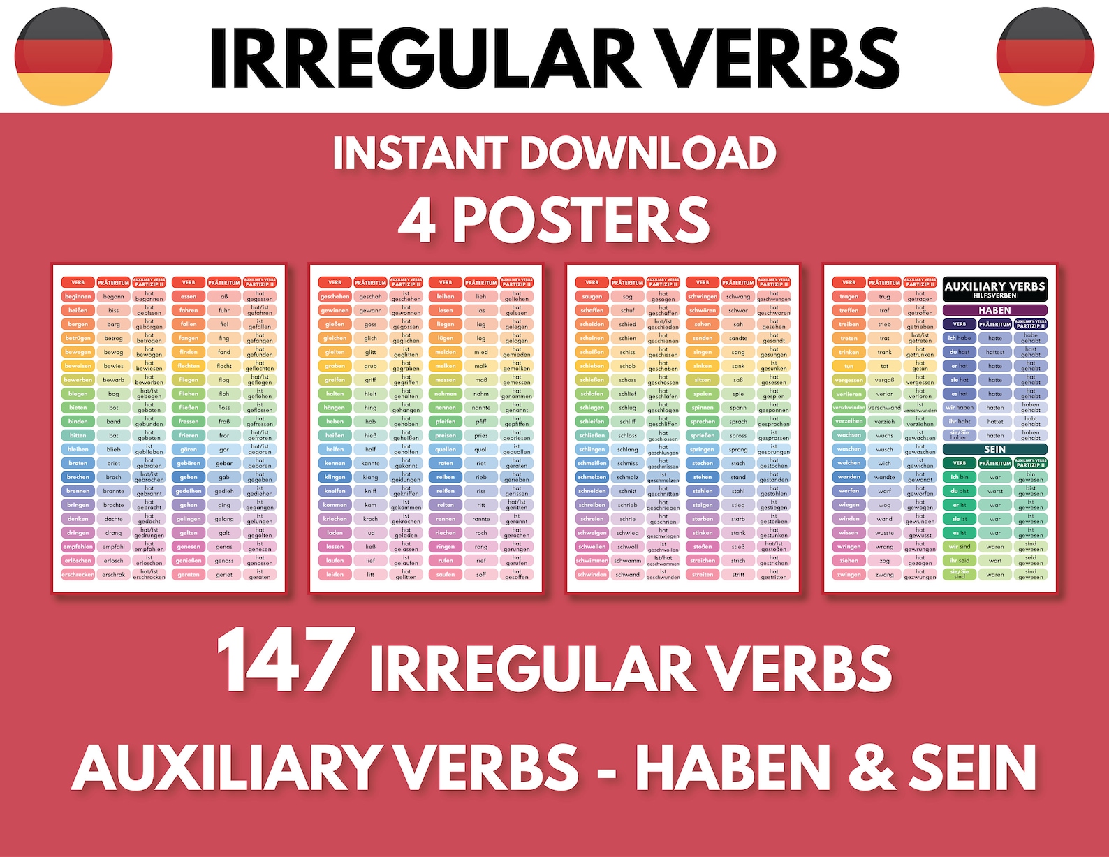 German Language, IRREGULAR VERBS Auxiliary Verbs Set of 4 Posters ...
