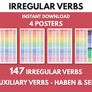German Language, IRREGULAR VERBS + Auxiliary Verbs - Set of 4 Posters ...