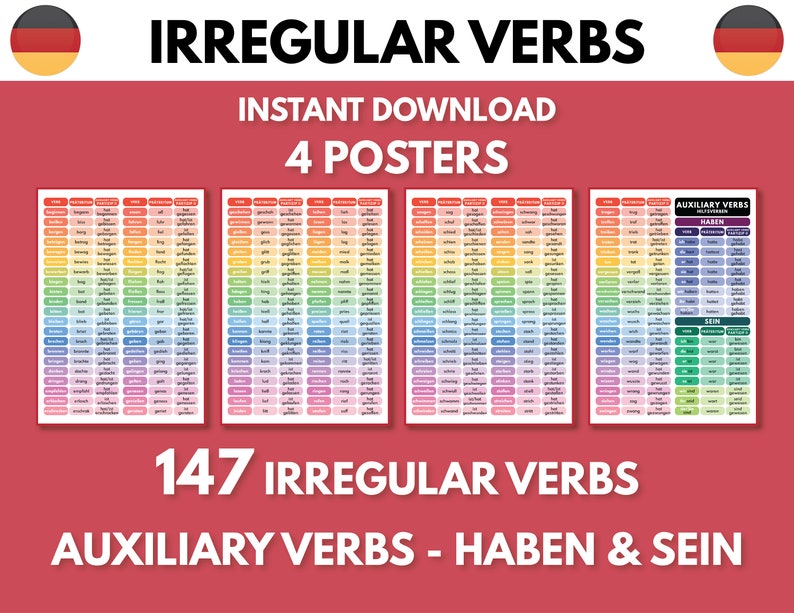 German Language, IRREGULAR VERBS Auxiliary Verbs Set of 4 Posters ...