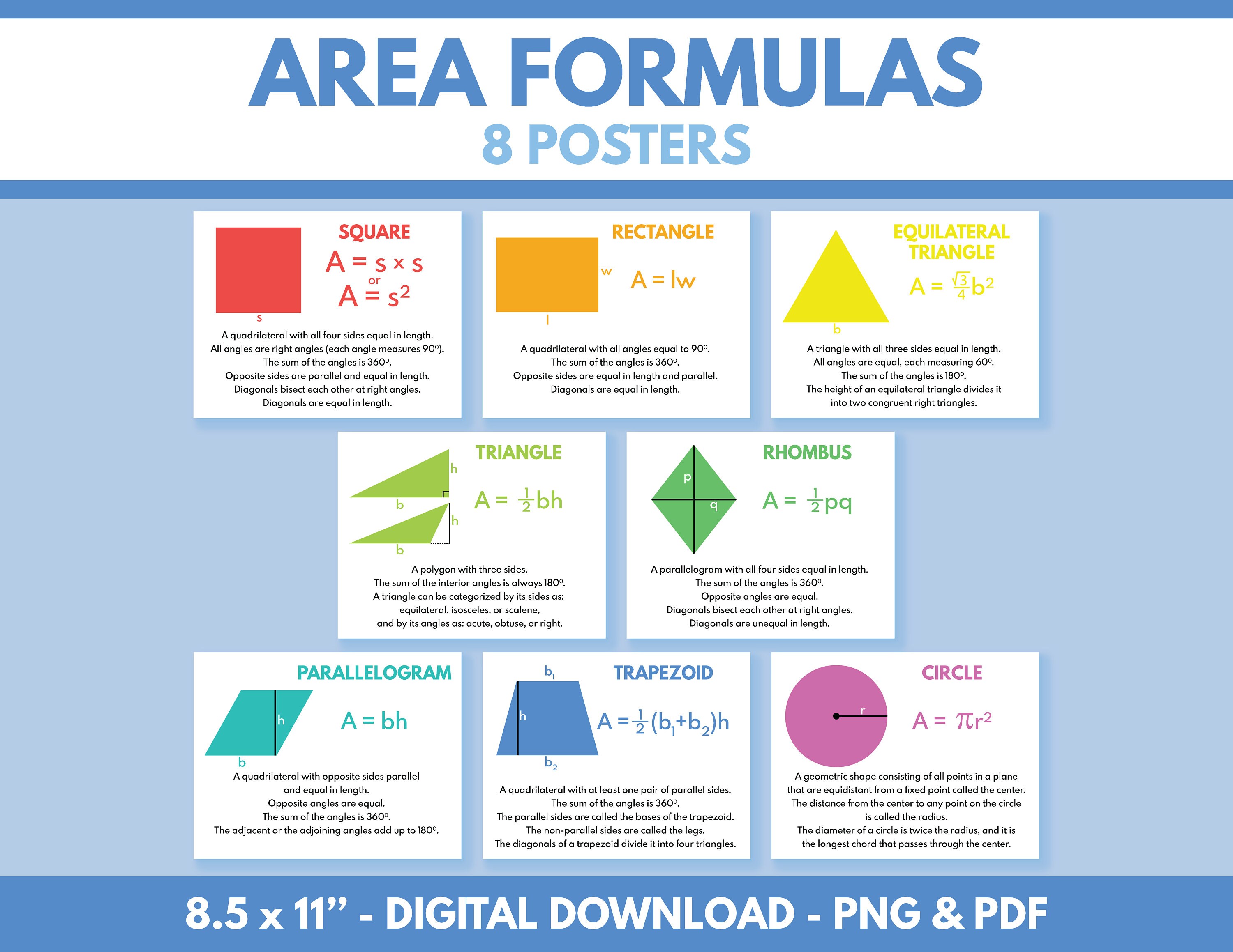 AREA FORMULAS - Set of 8 Posters, Letter Size, Geometry, Shapes ...
