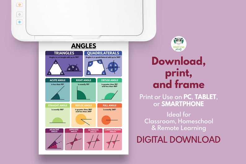 ANGLES POSTER, Types of Angles, Geometry, Educational Posters, Colorful ...