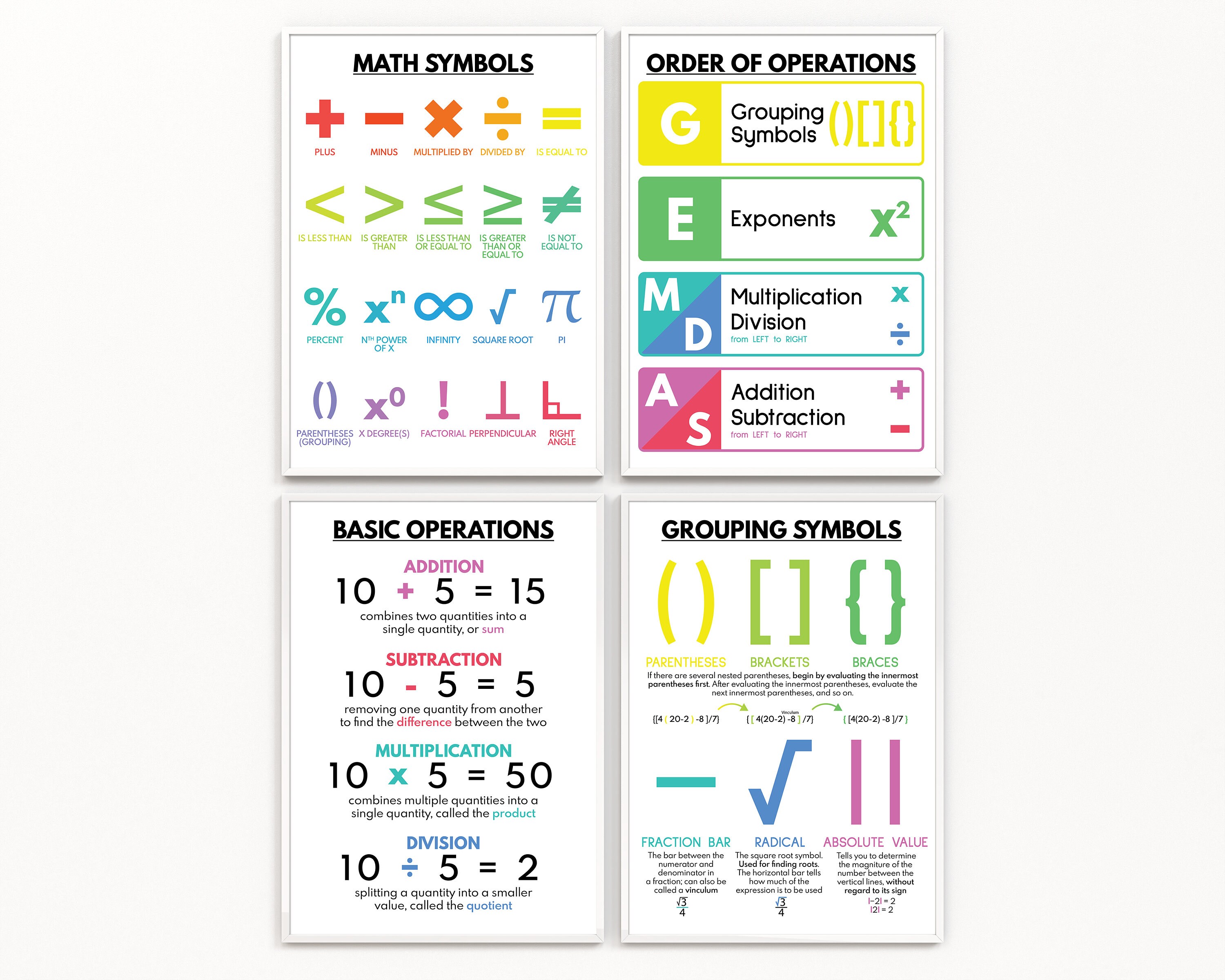 MATH BUNDLE Set of 4 Posters Math Symbols GEMDAS Basic - Etsy