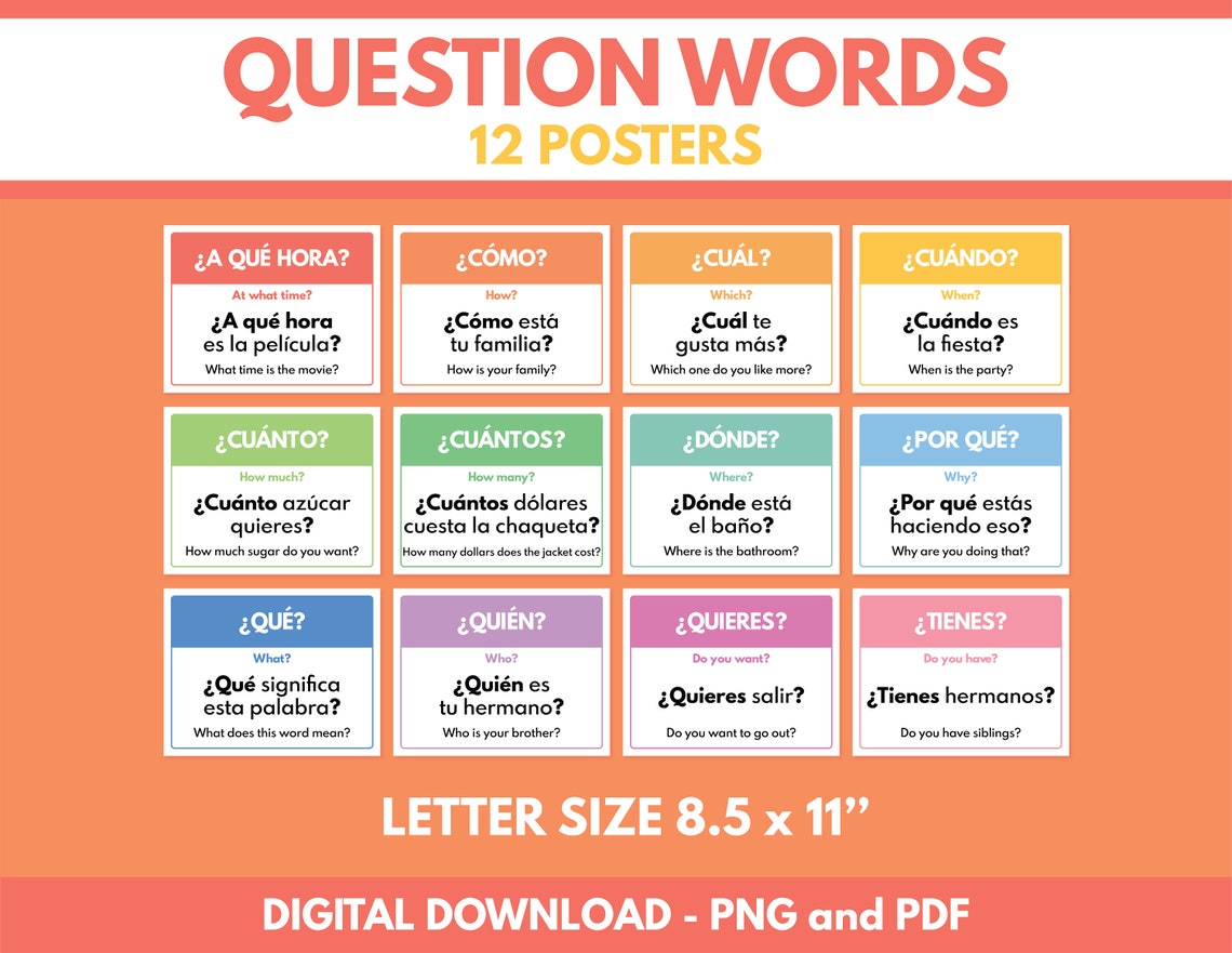 Spanish Language, QUESTION WORDS Set of 12 Letter Size Posters, Grammar ...