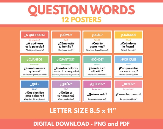 Spanish Language, QUESTION WORDS - Set of 12 Letter Size Posters ...