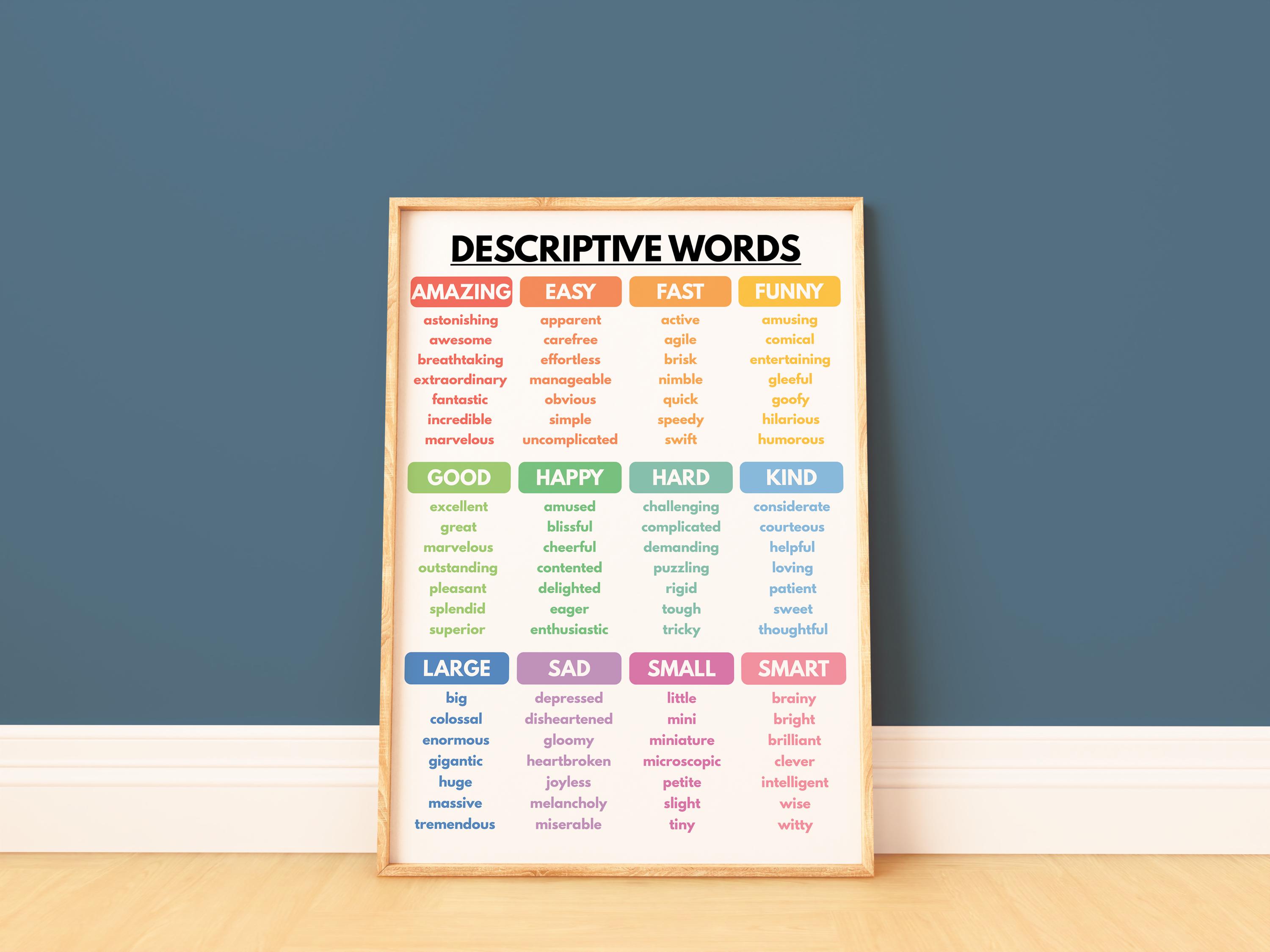 DESCRIPTIVE WORDS POSTER, Grammar Chart for Homeschool, English ...