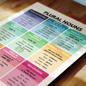 PLURAL NOUNS POSTER, Grammar Chart for Homeschool, Classroom Wall Decor ...